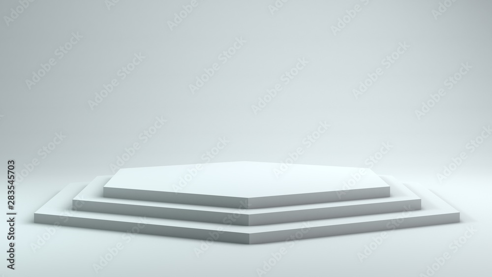 Realistic 3D white grey hexagon platform for product placement. Podium ...