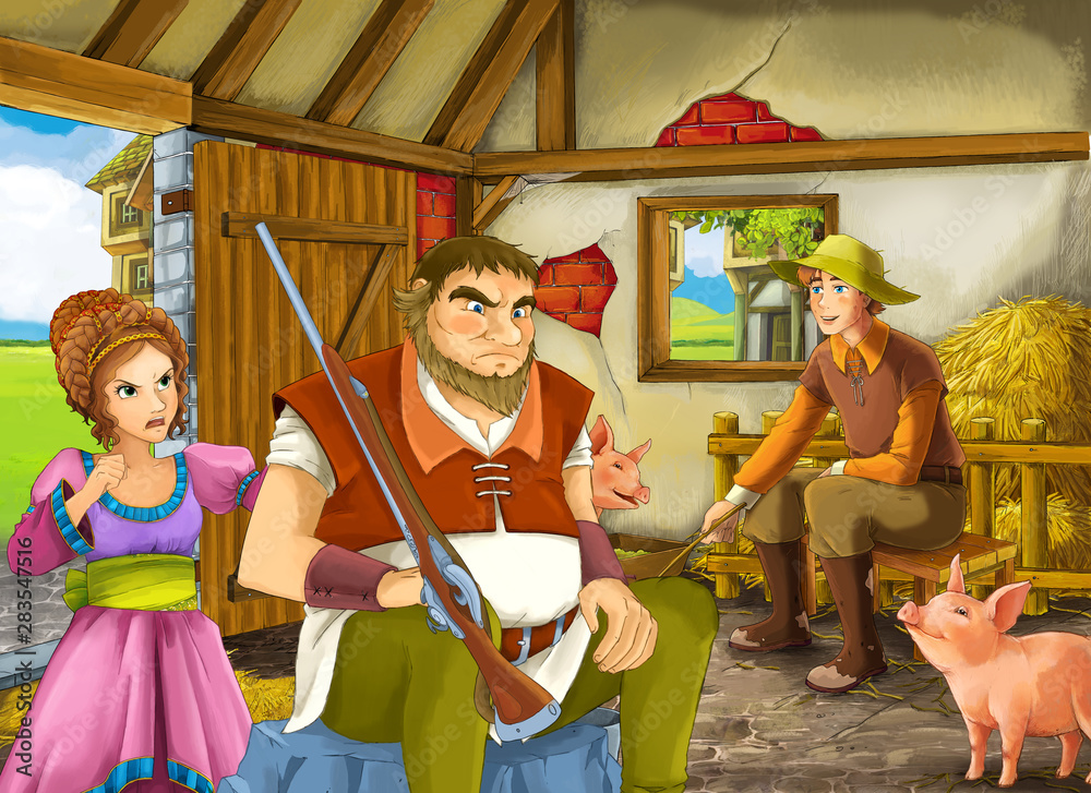 Cartoon scene with two farmers ranchers or disguised prince and older ...