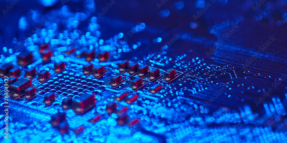 chip is highlighted with blue light. Technology background Stock Photo ...