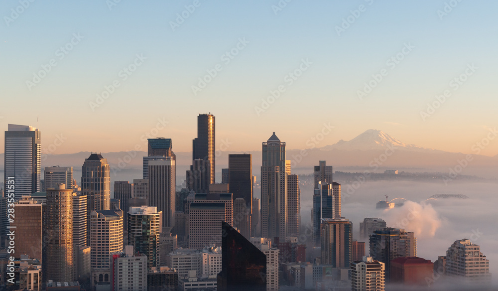 Partially immersed in the mist caming from Elliott Bay, this panoramic ...