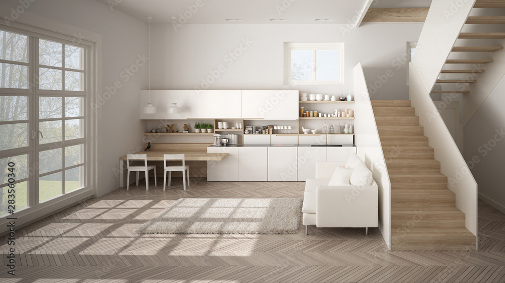Minimalist modern white and wooden kitchen in contemporary open space with clean staircase ...