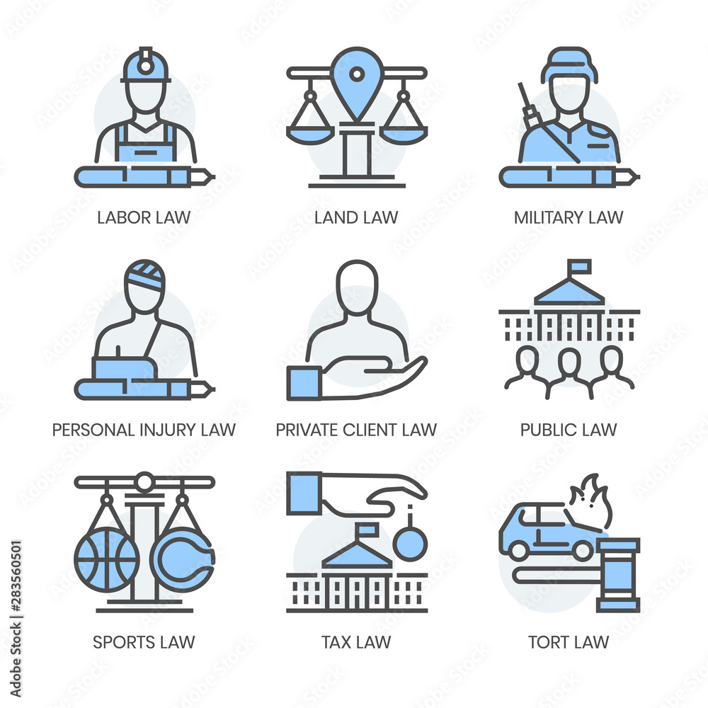 Law fields related, square line color vector icon set for applications ...