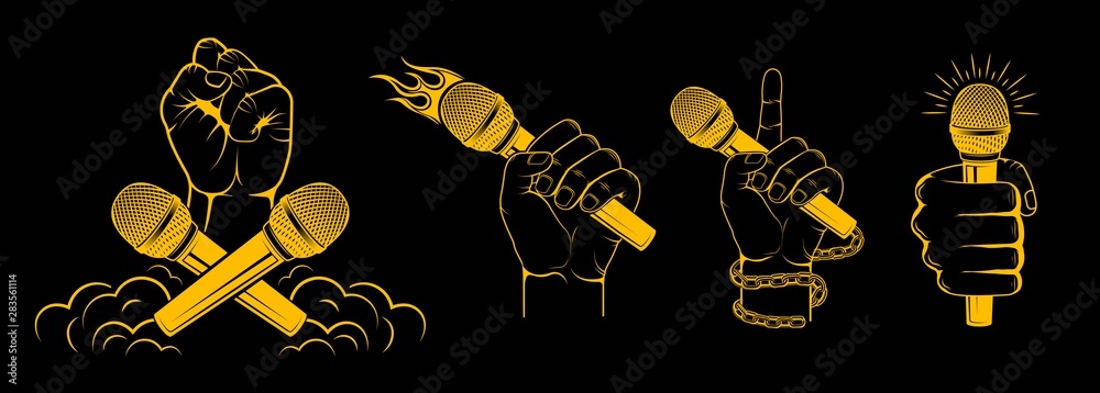 Vector logo. Set, collection. Hands holding a microphone. Design ...