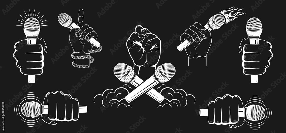 Set of logos. A hand is holding a microfone. Vector graphics. Stock ...