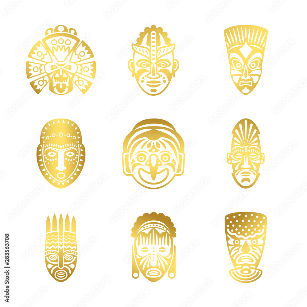 Gold tribal mask icons, ethnic masks vector isolated on white ...