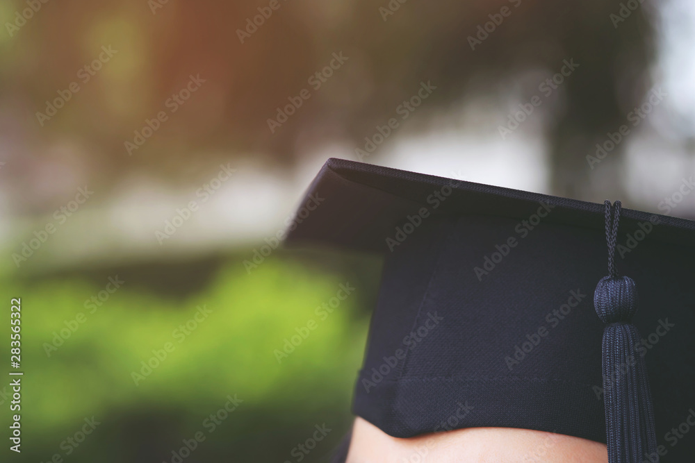 graduation, close up student hats in during commencement success ...