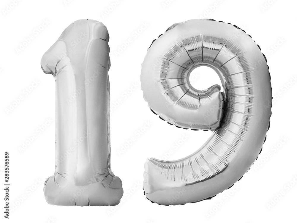 Number 19 nineteen made of silver inflatable balloons isolated on white ...