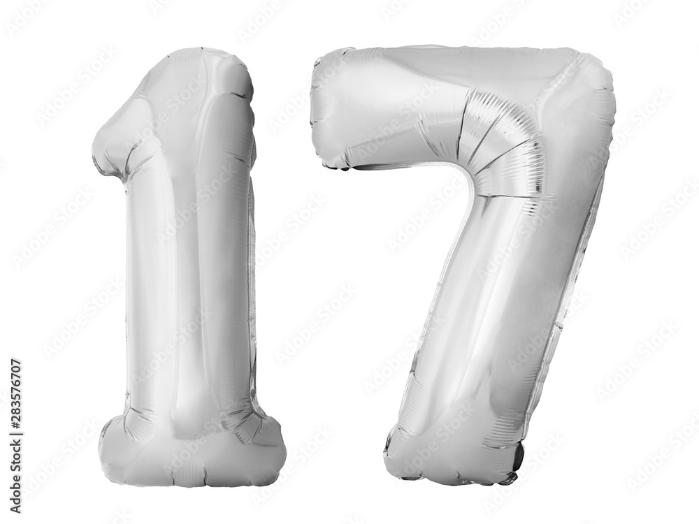 Number 17 seventeen made of silver inflatable balloons isolated on ...