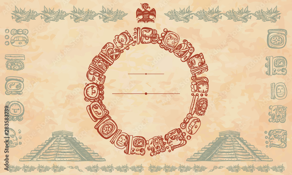 Ancient civilization background. Mayan pyramids and glyphs. Chichen ...