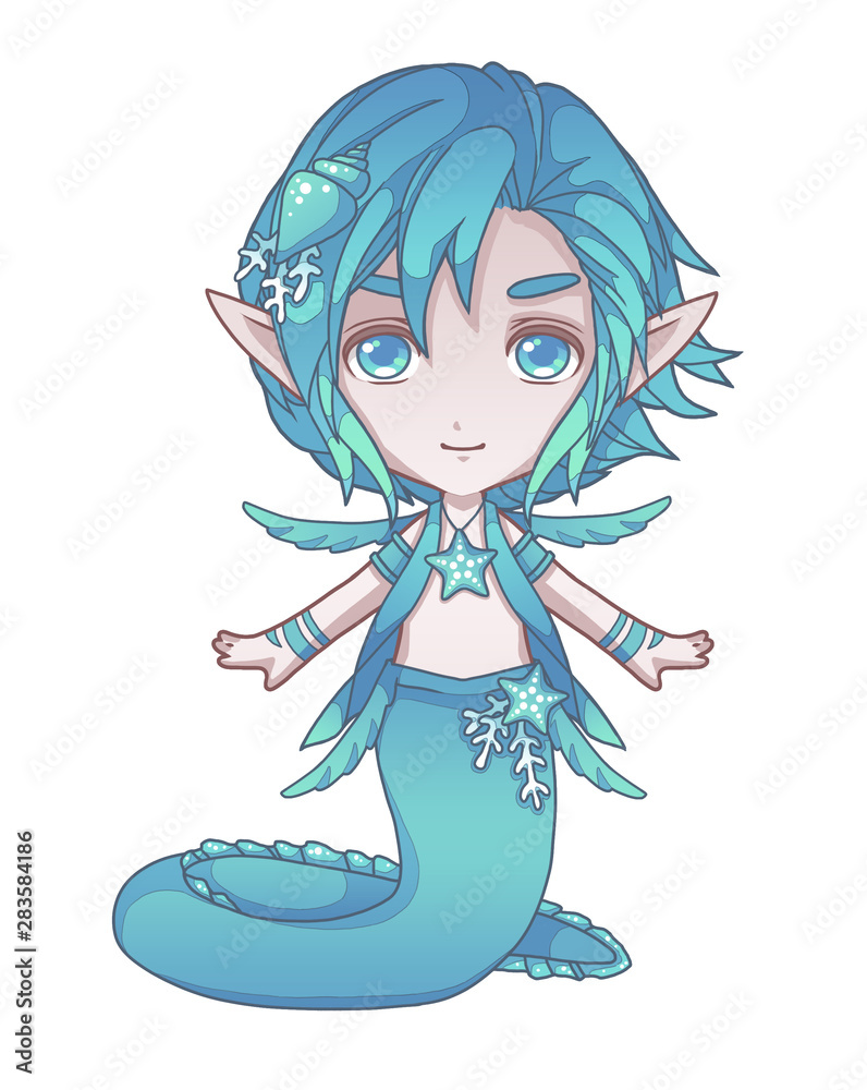 Drawing of a cute cartoon style turquoise eel merman boy with fishtail ...
