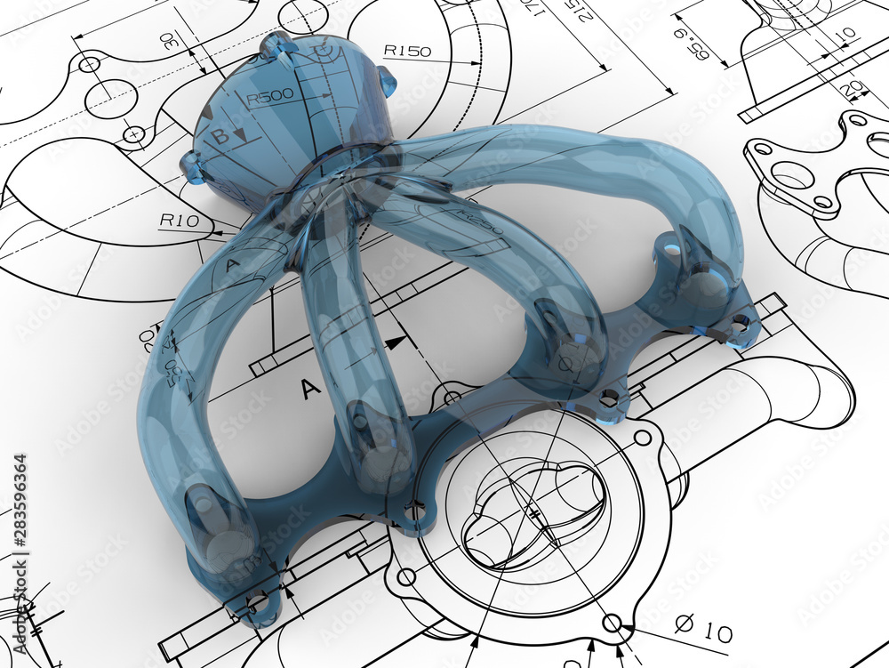 3D rendering - glass CAD part on a 2D drawing Stock Illustration ...
