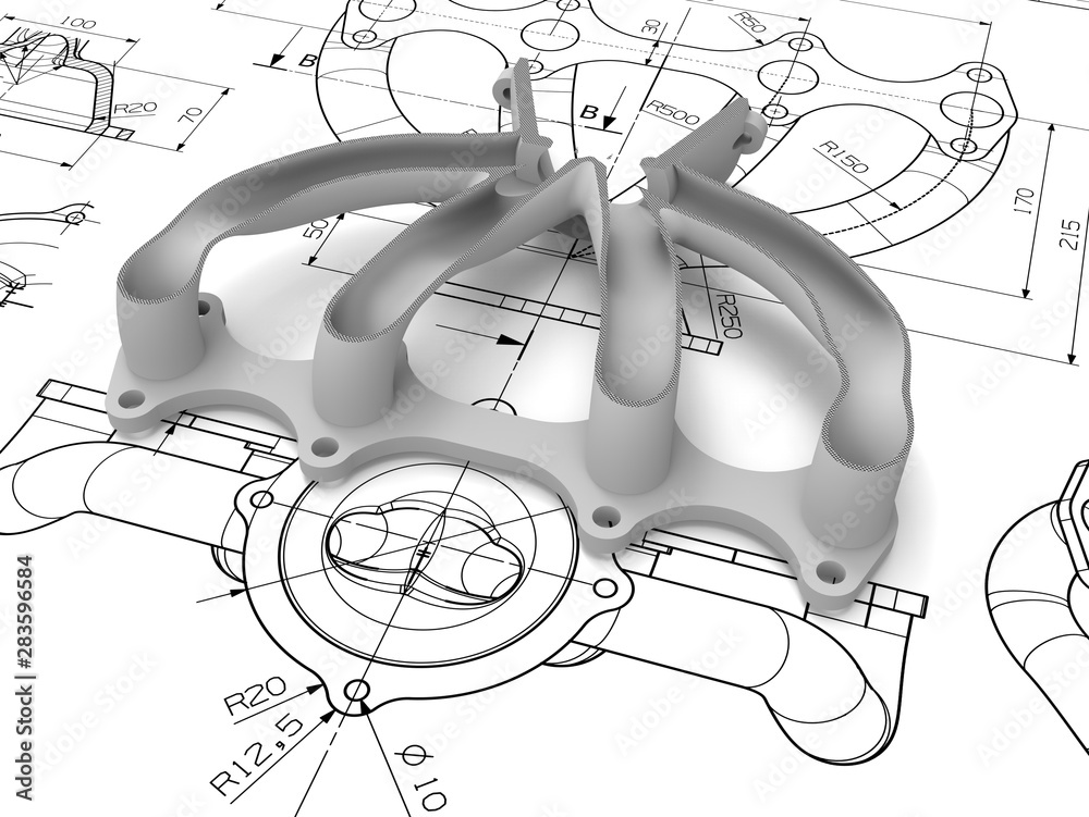3D rendering - detailed CAD part over 2D drawing Stock Illustration ...