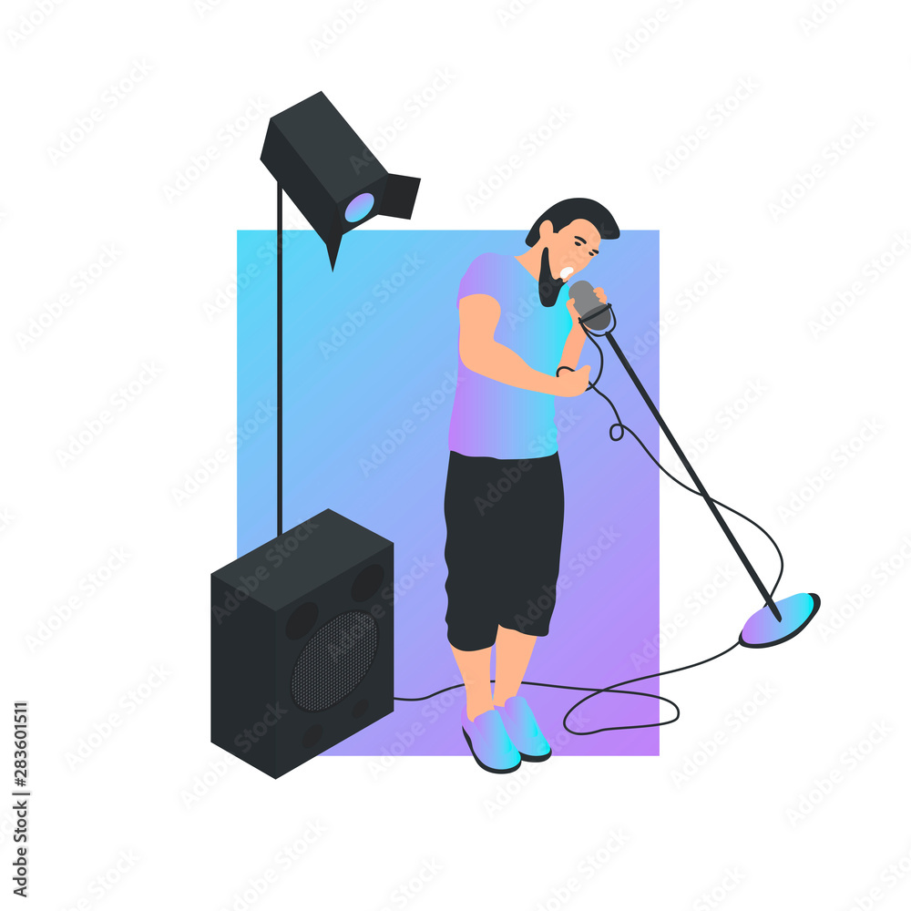 Punk rock vocalist yells into the microphone. Musician singer character ...