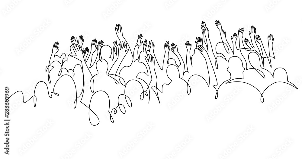 Cheerful crowd cheering illustration. Hands up. Group of applause ...