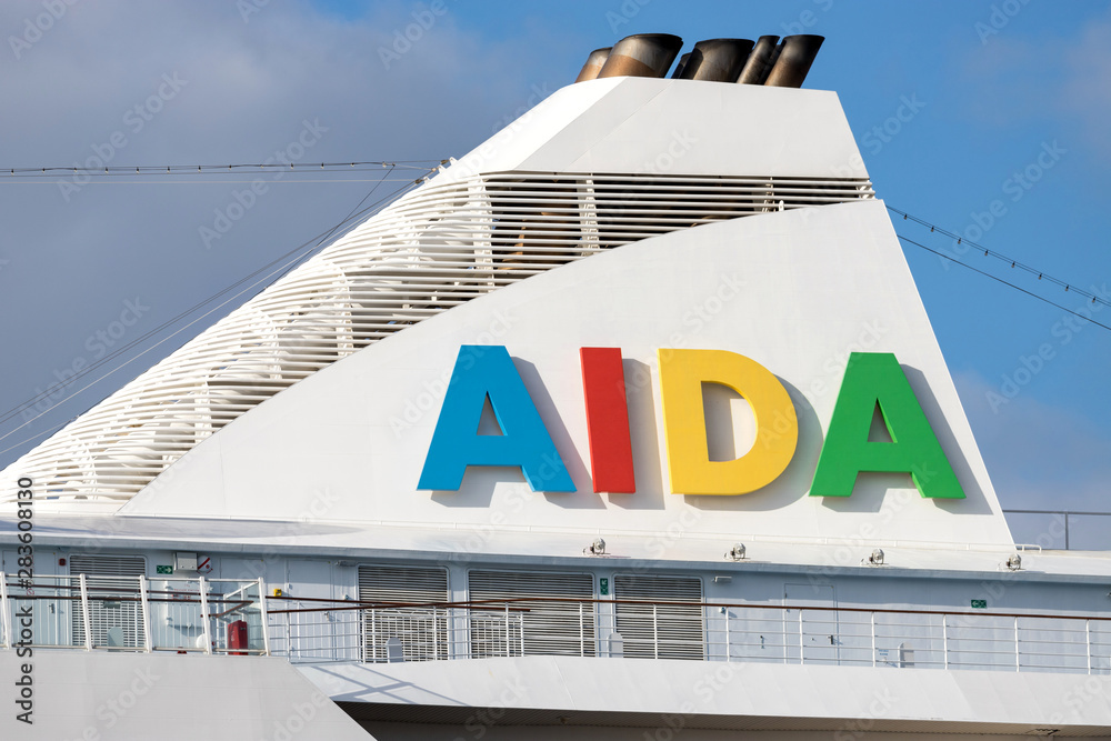 HAMBURG, GERMANY - April 10, 2019: AIDA logo at the funnel of cruise ...