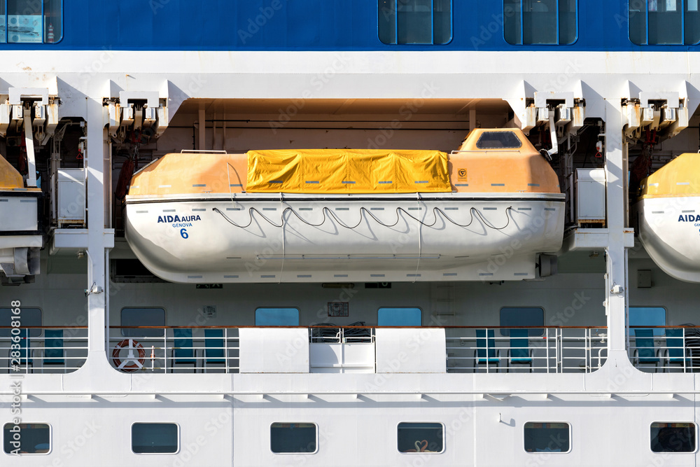 HAMBURG, GERMANY - April 10, 2019: Tender boat of cruise ship AIDAaura ...