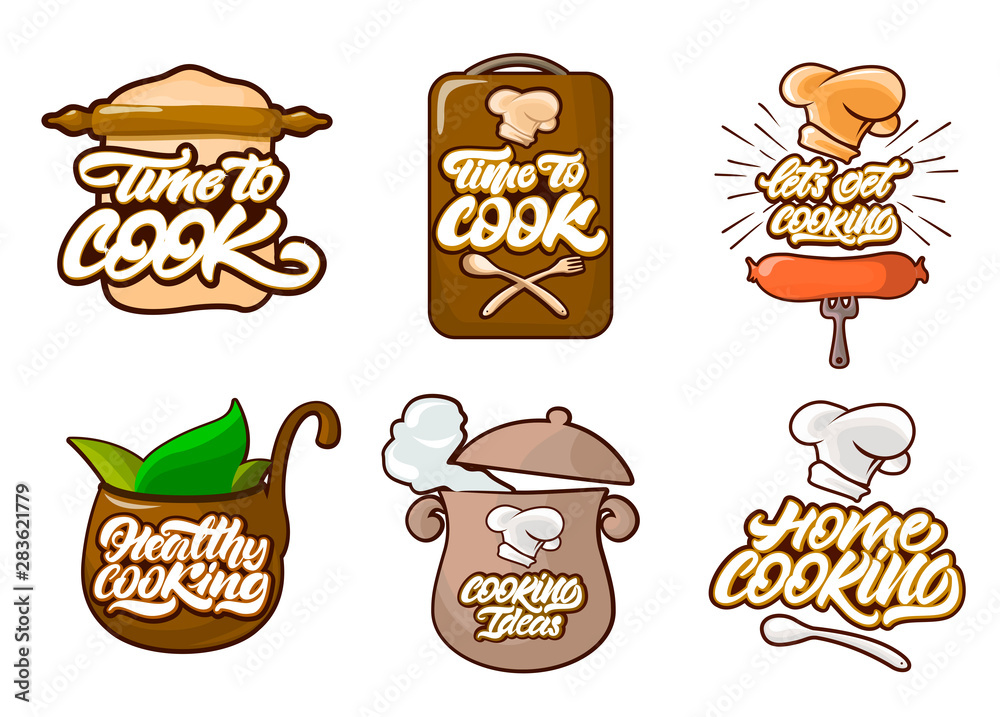 Cooking colour logos set in cartoon style.Cook, chef, kitchen utensils ...