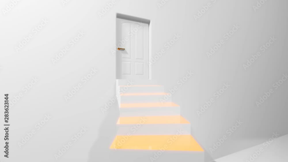 White stairs with golden steps, leading to a door that opens to a green ...