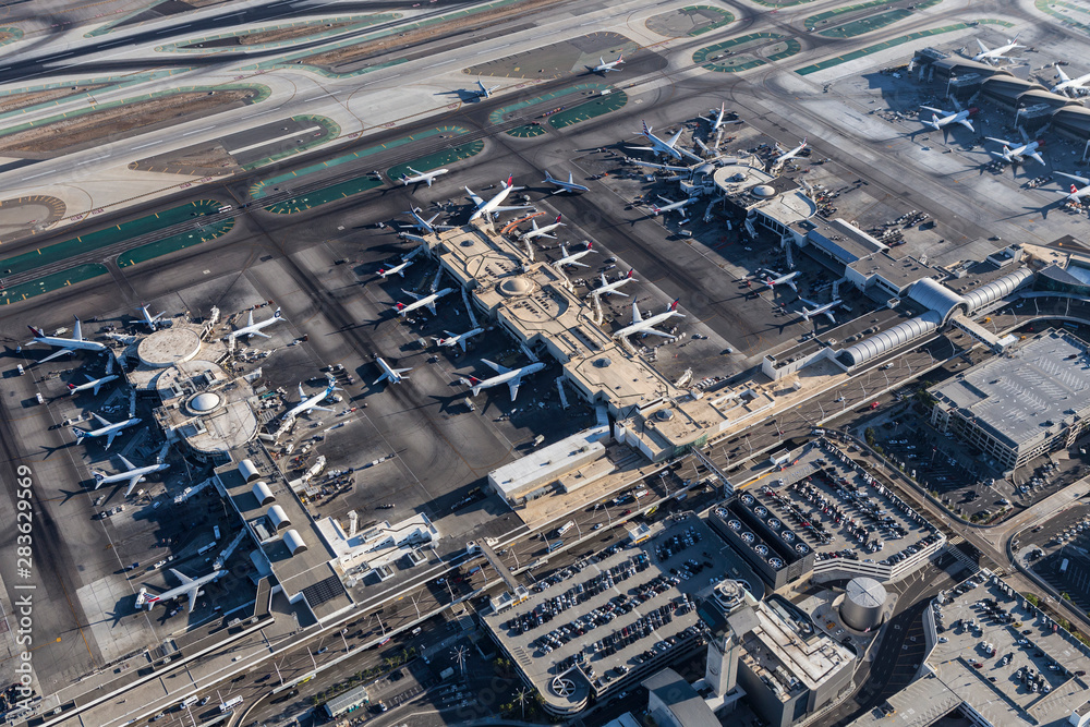Aerial view of jet airplanes surrounding Los Angeles International ...