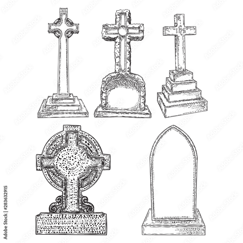 Gravestones set drawing. Old tomb rip grave on white background. Marble ...
