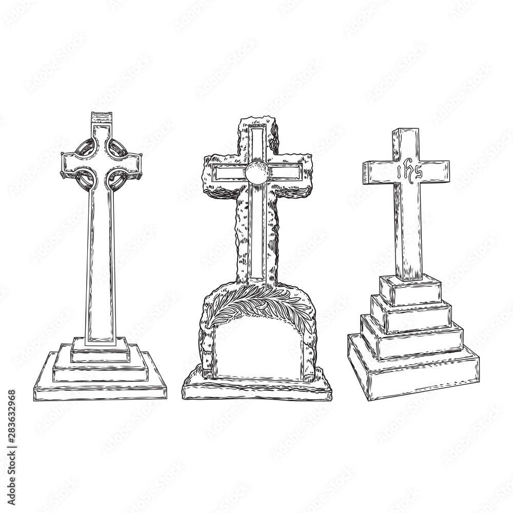 Gravestones set drawing. Old tomb rip grave on white background. Marble ...