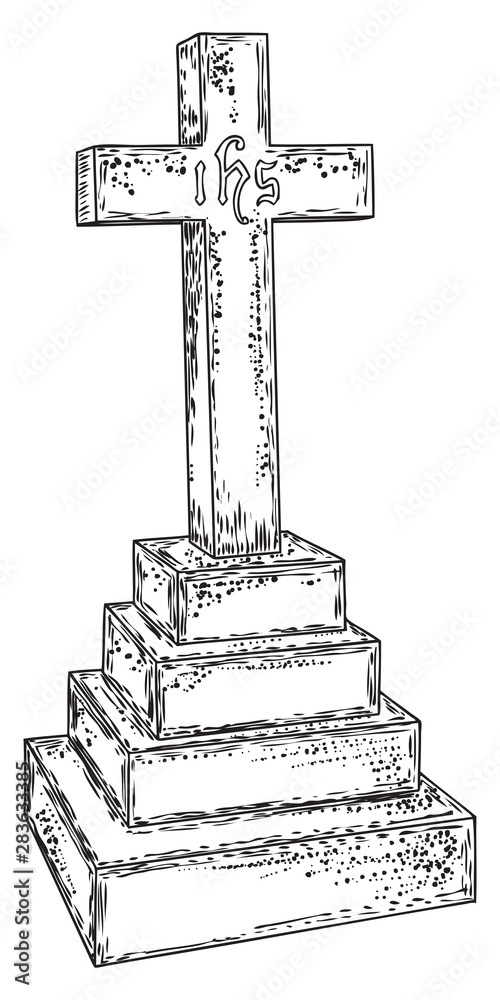Old marble stone Christ cross hand drawing. Sketch symbol of Jesus ...