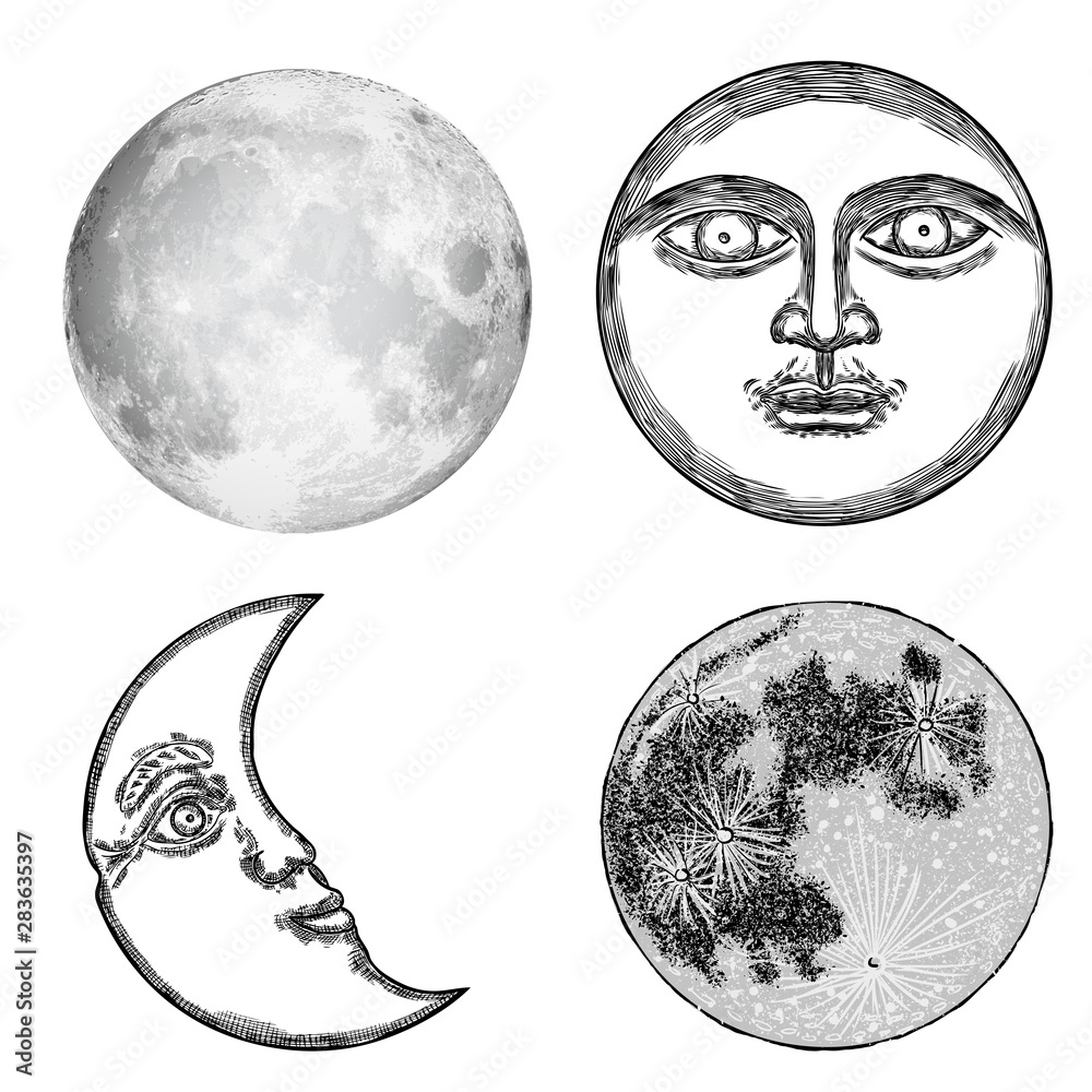 Set of hand drawn sketch of moon human like face or anthropomorphic ...