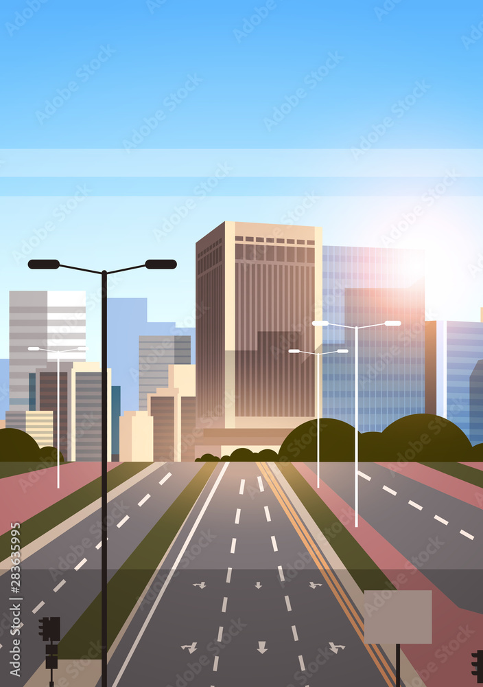 highway asphalt road with marking arrows traffic signs city skyline ...