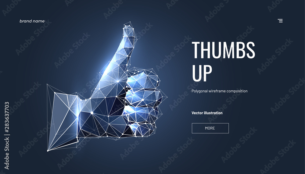 Hand, Thumb up. Low polygon wireframe style. Abstract isolated on blue ...