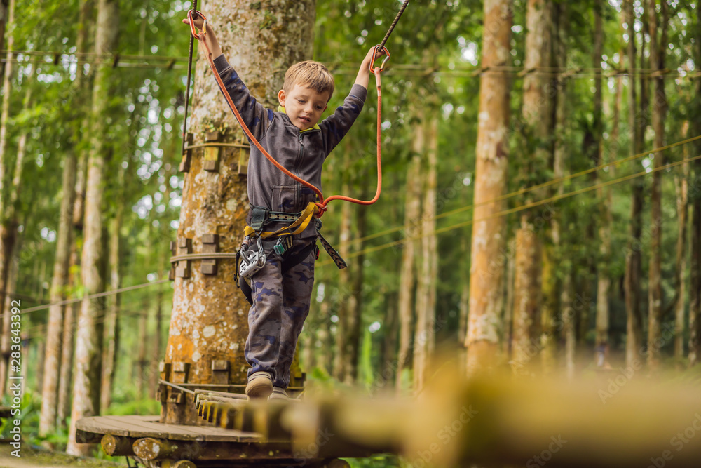 Little boy in a rope park. Active physical recreation of the child in ...