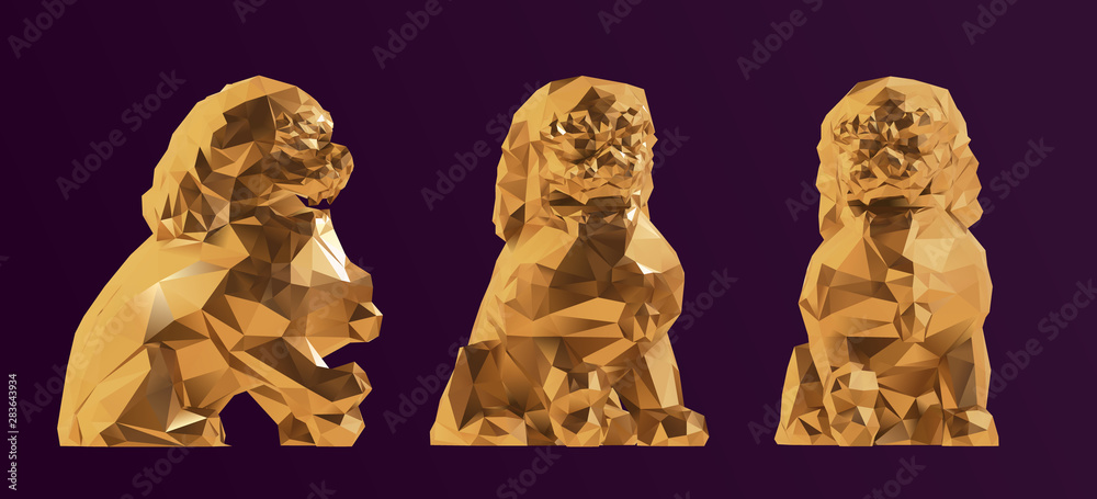 Gold Guardian Lion. Shiny Metallic Set of Golden Chinese Lions on ...
