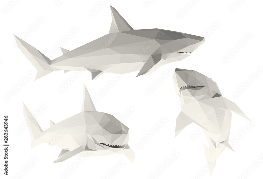 Light Shark. Set of Isolated White Great White Sharks on White ...