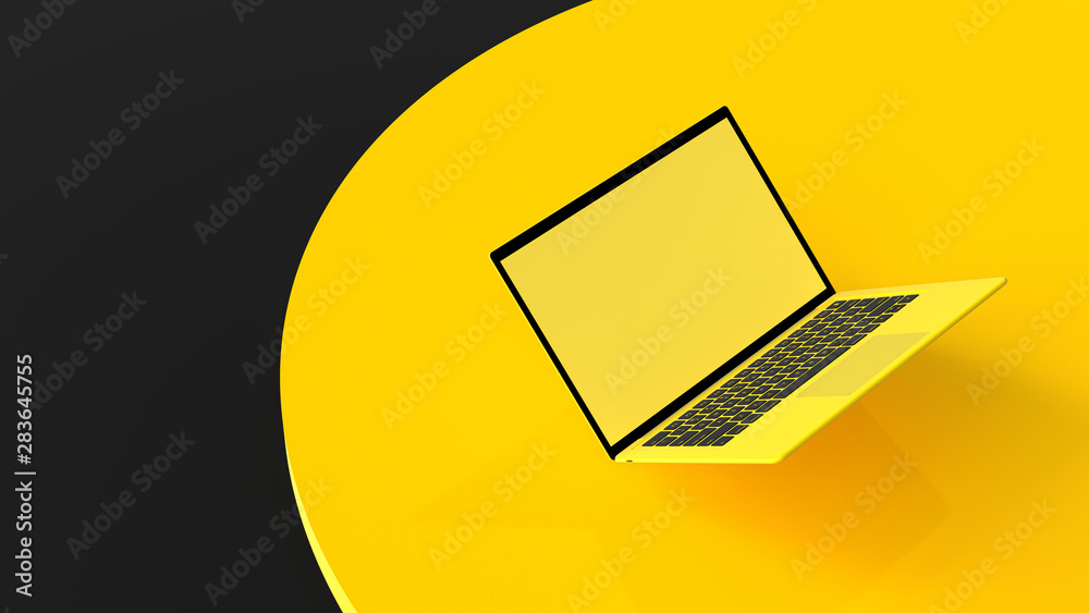 Laptop yellow color blank screen on work dask table. Stock Illustration ...