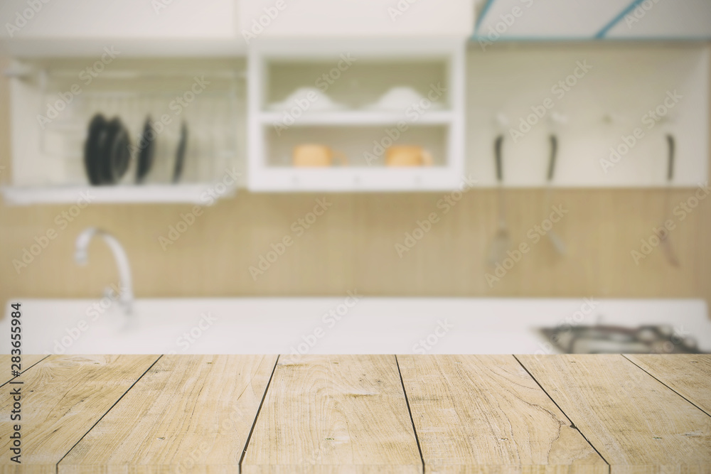 kitchen background with wooden table top in modern home vintage color ...
