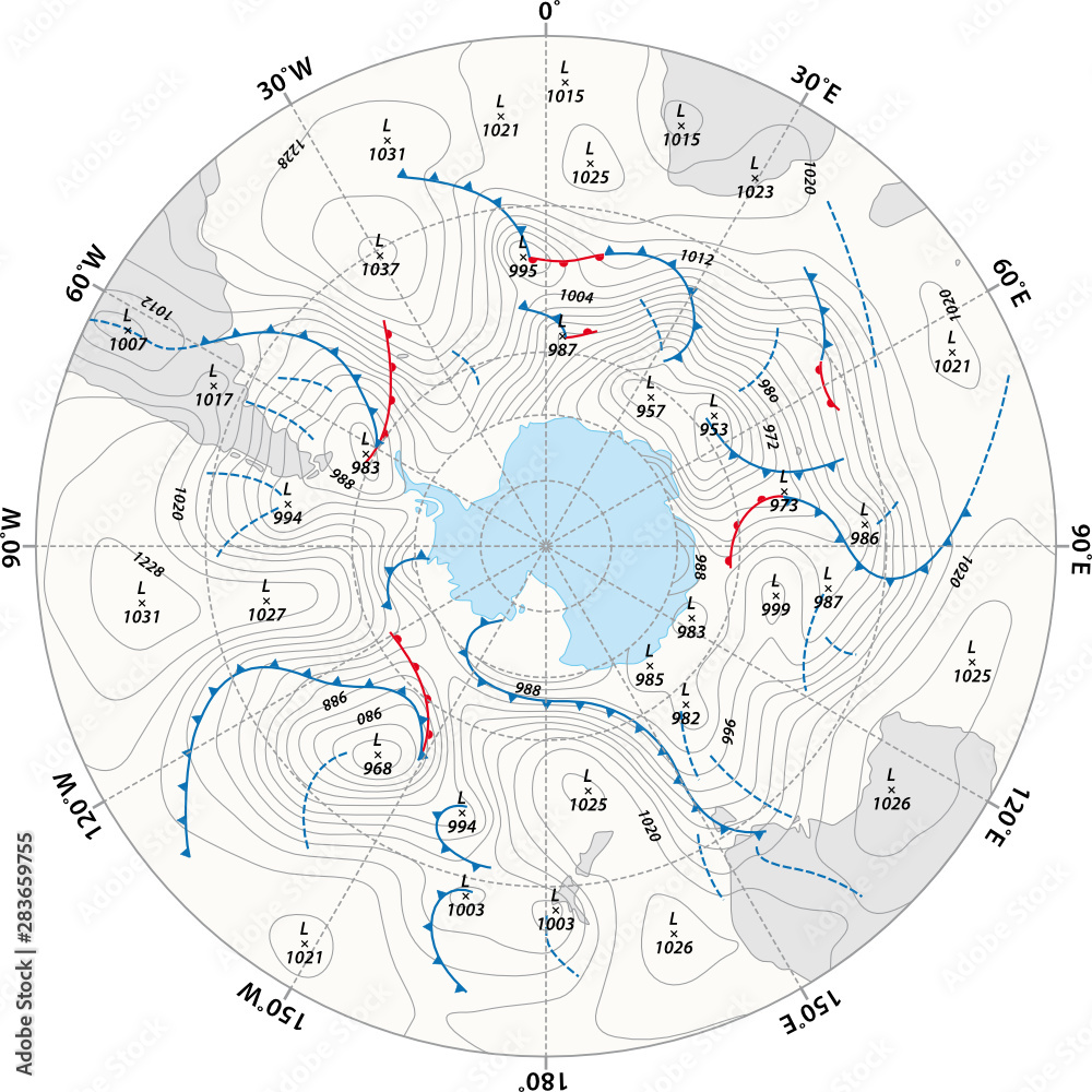 imaginary weather map Antarctica with isobars and weather fronts Stock ...