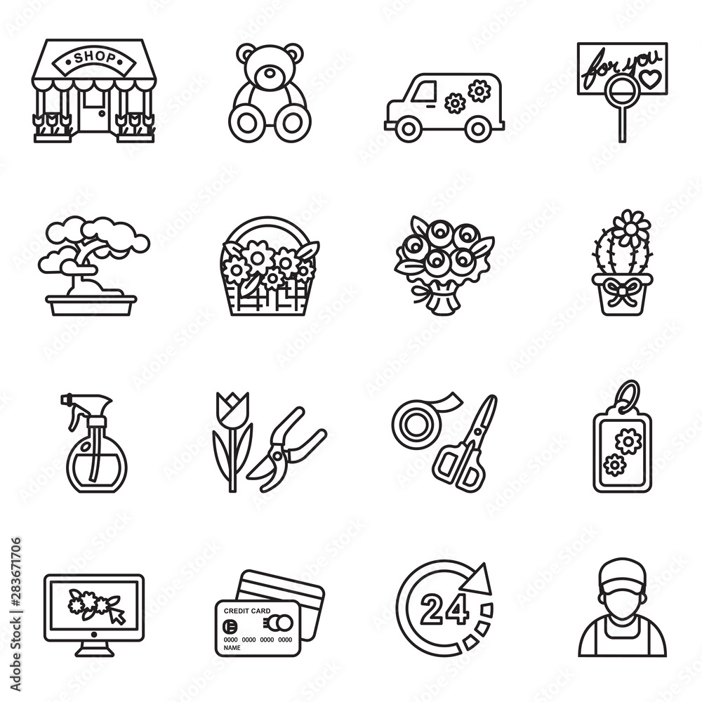 Florist, flower shop and delivery icon set with white background. Thin ...