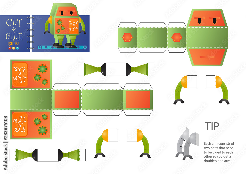 Cut and glue robot toy vector illustration. Paper craft and educational ...