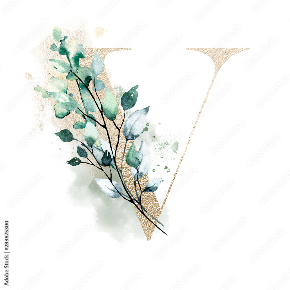 Letter V with watercolor leaves. Floral gold alphabet, monogram ...
