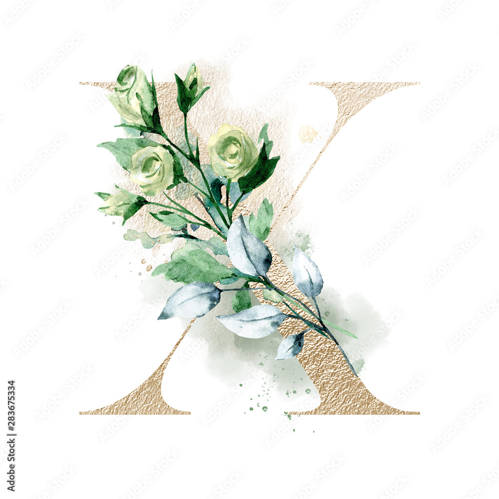 Letter X with watercolor leaves, flowers. Floral gold alphabet ...