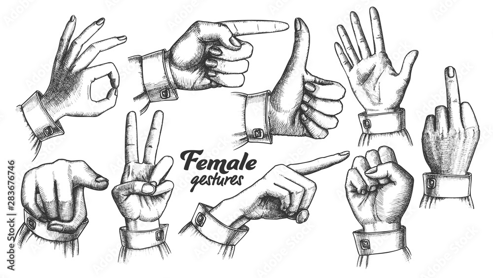 Multiple Female Caucasian Hand Gesture Set Vector. Collection Of ...