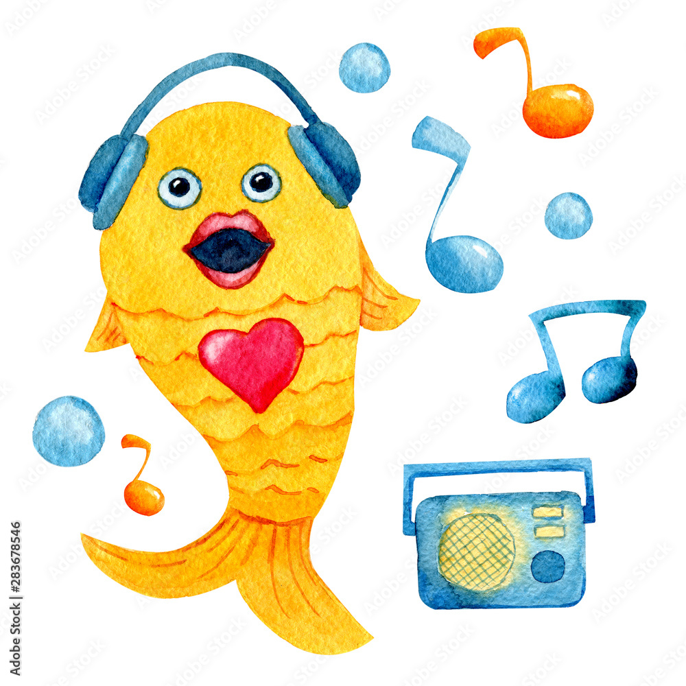 Singing and dancing goldfish. Cartoon character in watercolor. Children ...