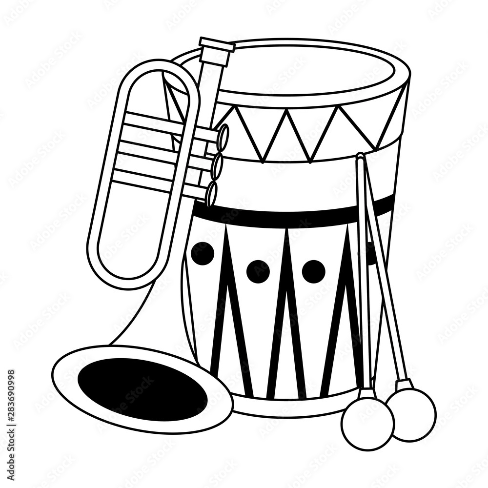 music instrument musical object cartoon in black and white Stock Vector ...