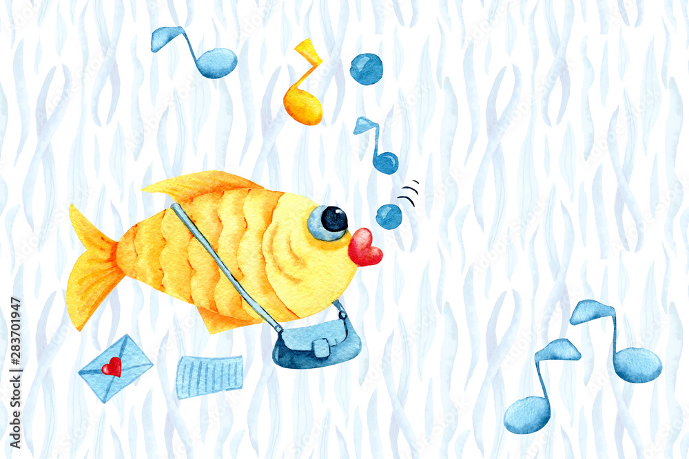 Singing cartoon goldfish postman with bag and envelopes. Watercolor ...