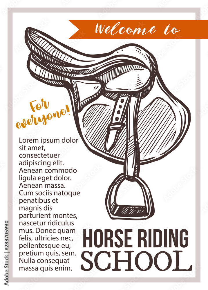 Horse riding school vector hand drawn poster. Sketch illustration with ...