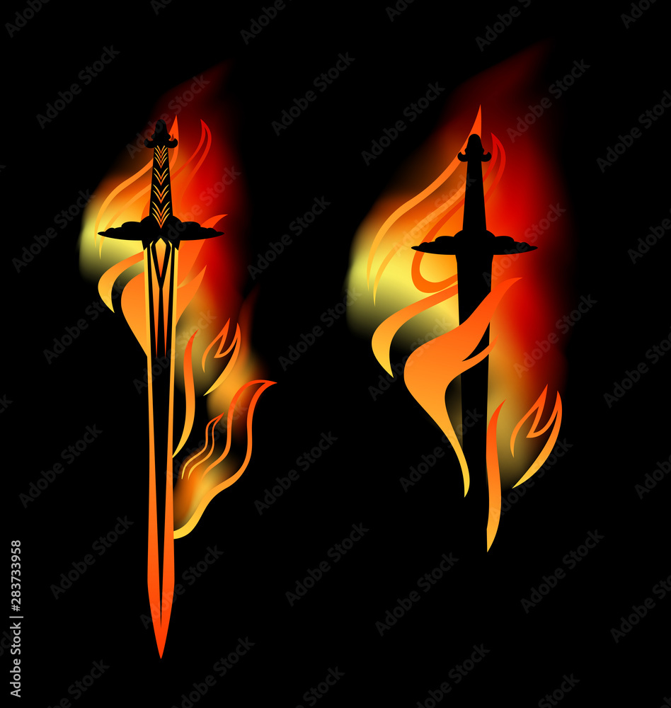 medieval sword with burning blade among fire flames - vector fantasy ...