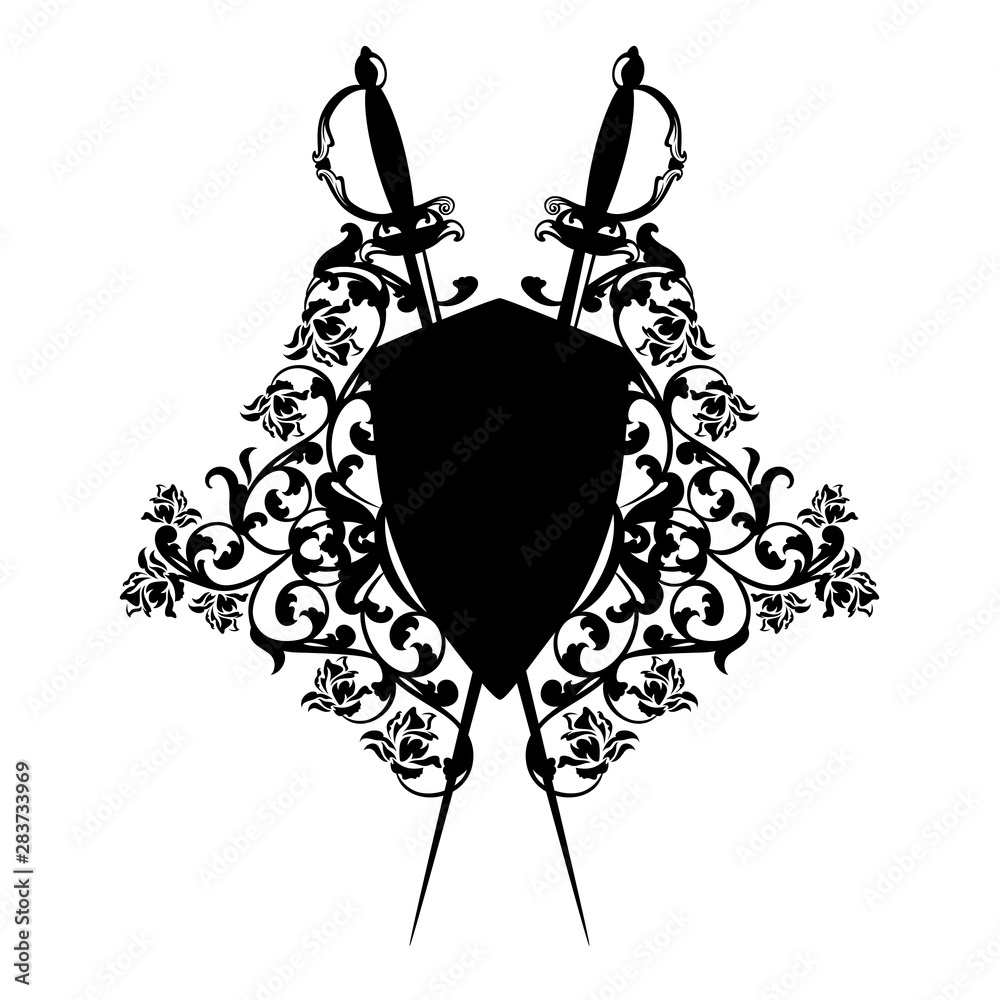 elegant antique epee swords crossed behind heraldic shield among rose ...