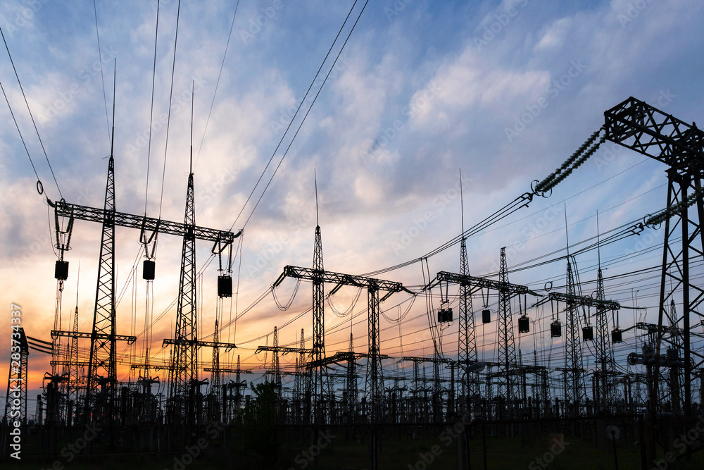 High-voltage power lines. Electricity distribution station. high ...