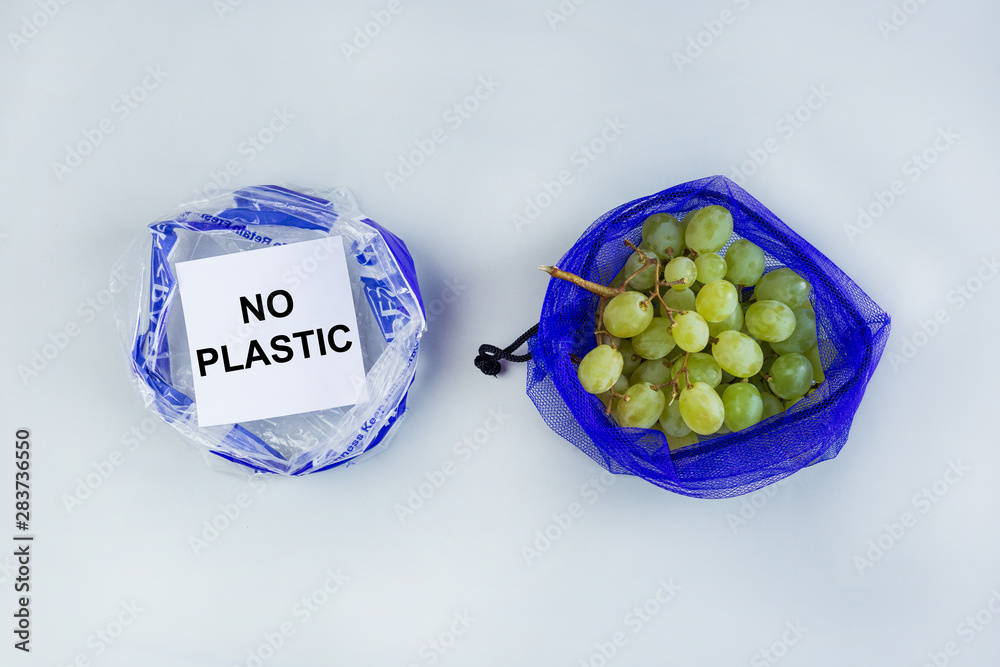 No plastic note. Eco friendly reusable blue bag vs plastic bag for ...