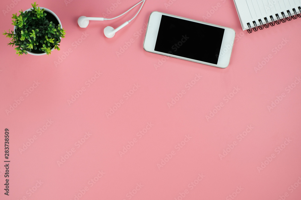 Office table desk with mobile phone with supplies, Top view and copy ...