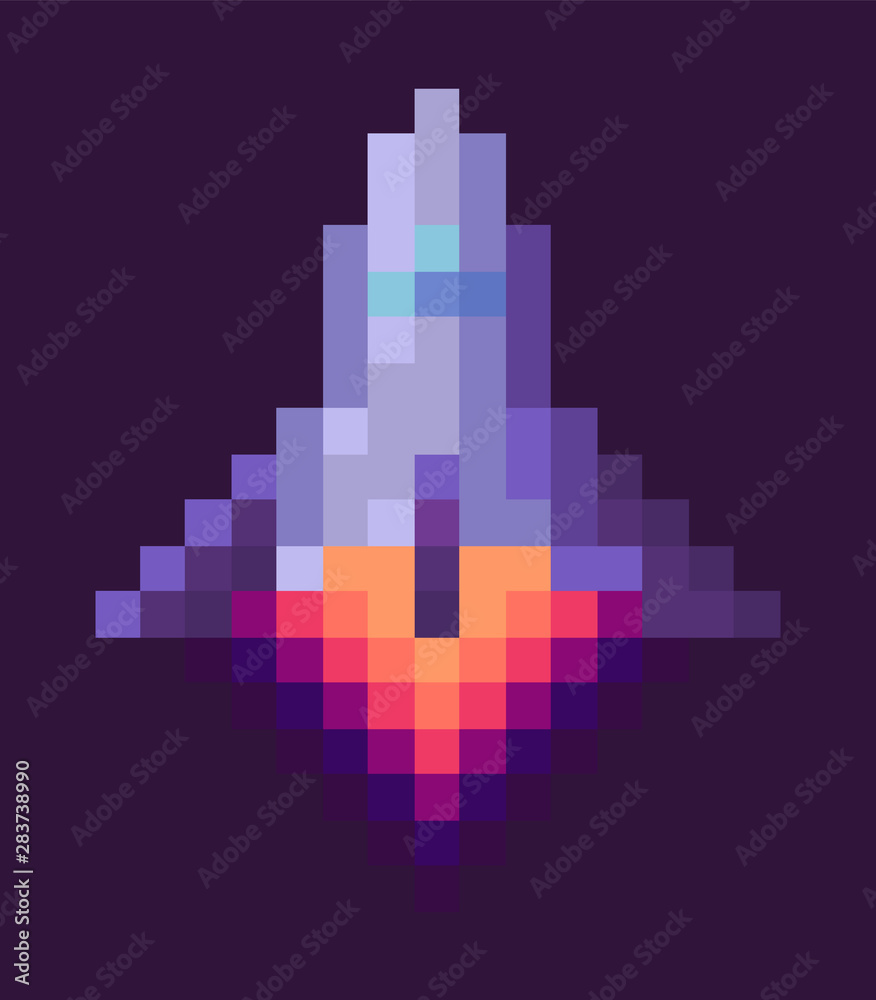 Retro spaceship, pixel art sign in 8 or 16 bit game in dark night sky ...